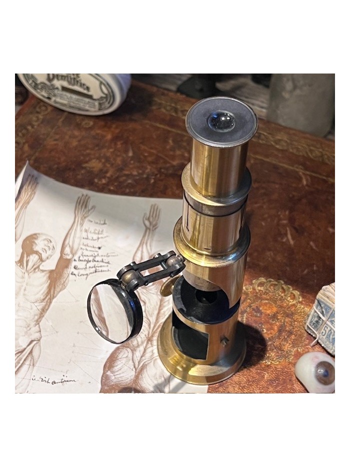 Antique brass drum microscope and articulated magnifying glass - XIXth