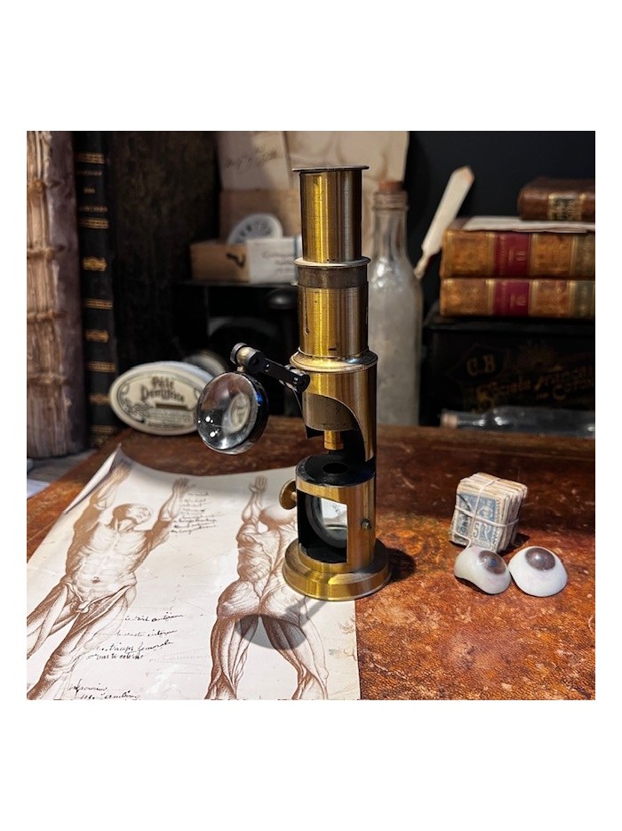 Antique brass drum microscope and articulated magnifying glass - XIXth