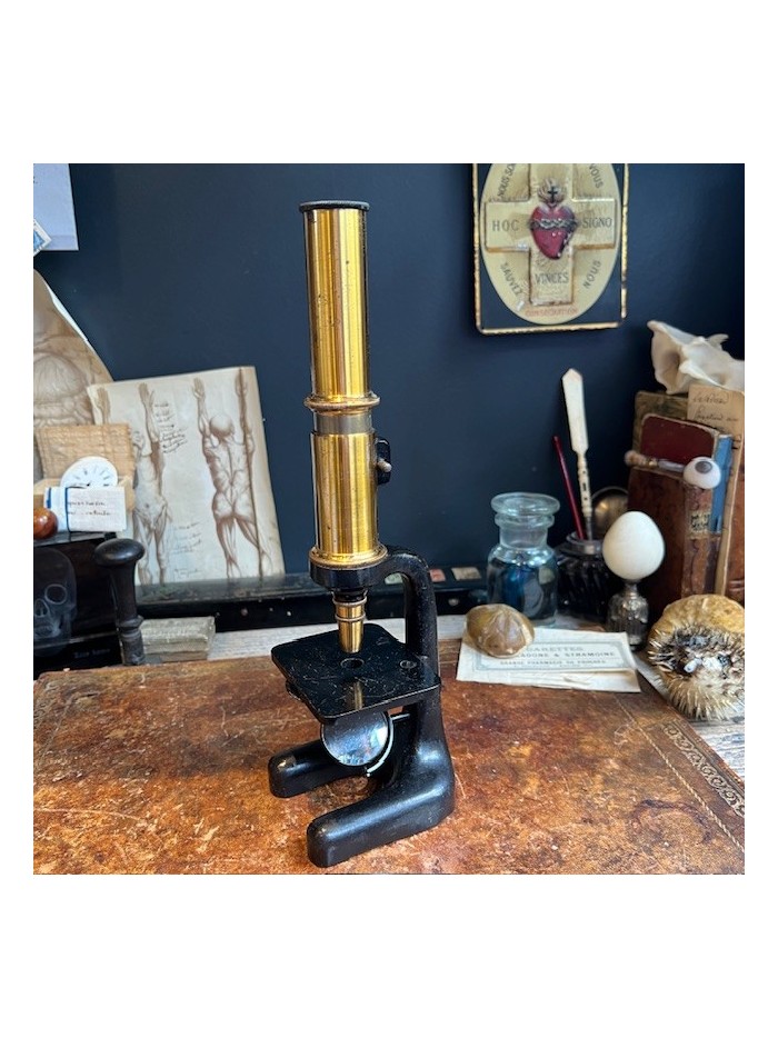 Microscope ancien à crémaillère en laiton et fonte dans son coffret